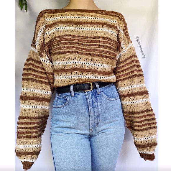 Vintage | Sweaters | Vintage Woven Caramel Striped Cozy Retro Knit ...